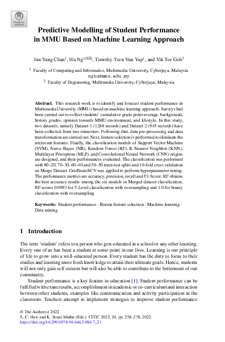 (PDF) Predictive Modelling of Student Performance in MMU Based on Machine Learning Approach