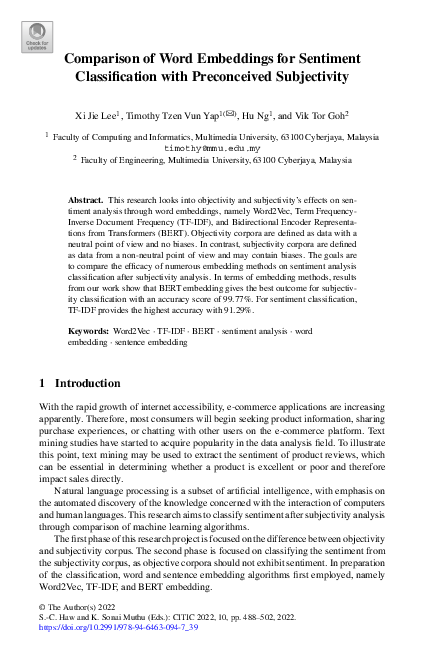 Pdf Comparison Of Word Embeddings For Sentiment Classification With