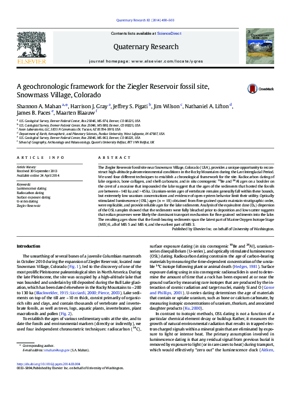 (PDF) A geochronologic framework for the Ziegler Reservoir fossil site ...