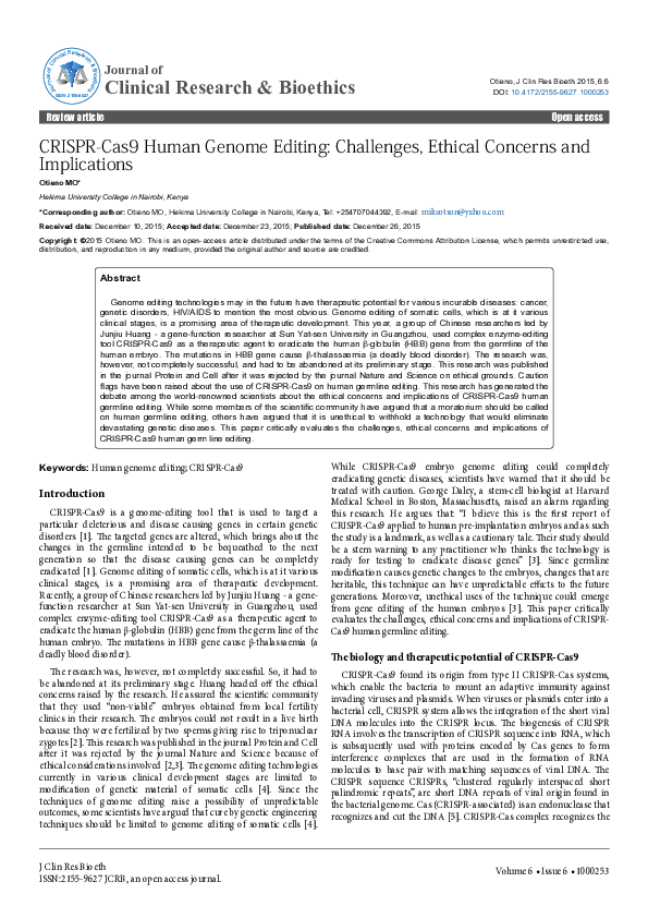 (PDF) CRISPR-Cas9 Human Genome Editing: Challenges, Ethical Concerns ...