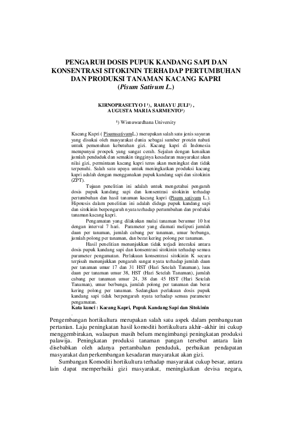 (PDF) PENGARUH DOSIS PUPUK KANDANG SAPI DAN KONSENTRASI SITOKININ TERHADAP PERTUMBUHAN DAN ...
