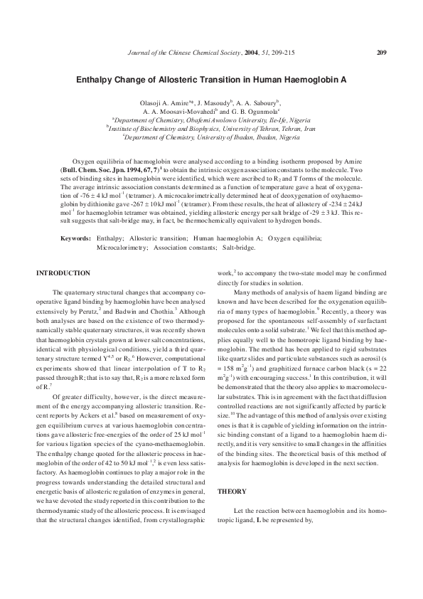 (PDF) Enthalpy Change of Allosteric Transition in Human Haemoglobin A