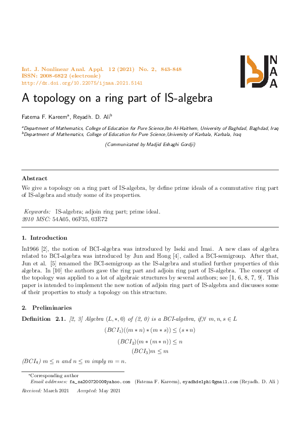 (PDF) A topology on a ring part of IS-algebra