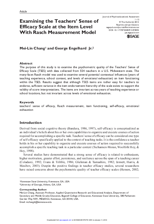 (PDF) Examining the Teachers’ Sense of Efficacy Scale at the Item Level With Rasch Measurement Model