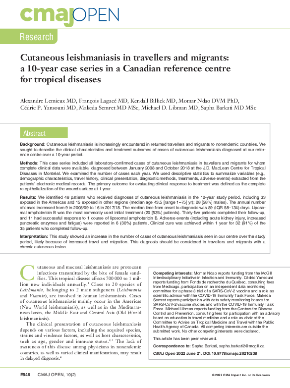(PDF) Cutaneous leishmaniasis in travellers and migrants: a 10-year case series in a Canadian ...