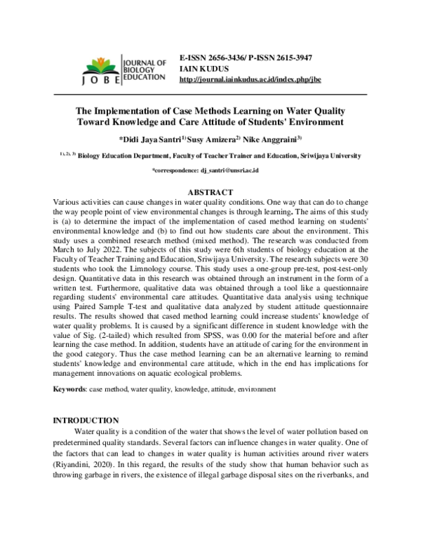(PDF) The Implementation of Case Methods Learning on Water Quality Toward Knowledge and Care ...