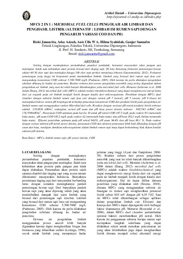 (PDF) MFCS 2 in 1 : Microbial Fuel Cells Pengolah Air Limbah Dan ...