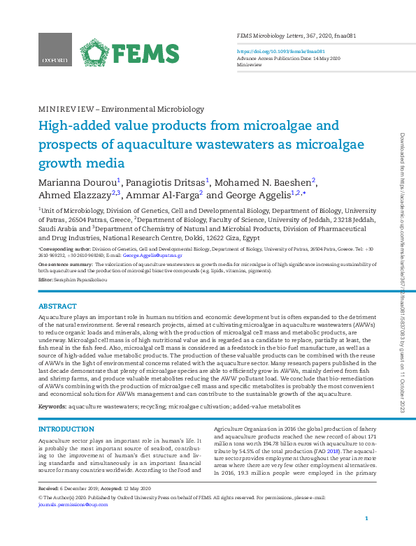 (PDF) High-added value products from microalgae and prospects of aquaculture wastewaters as ...