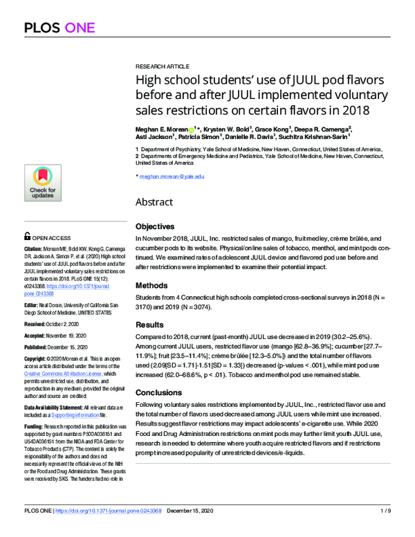 (PDF) High school students’ use of JUUL pod flavors before and after JUUL implemented voluntary ...