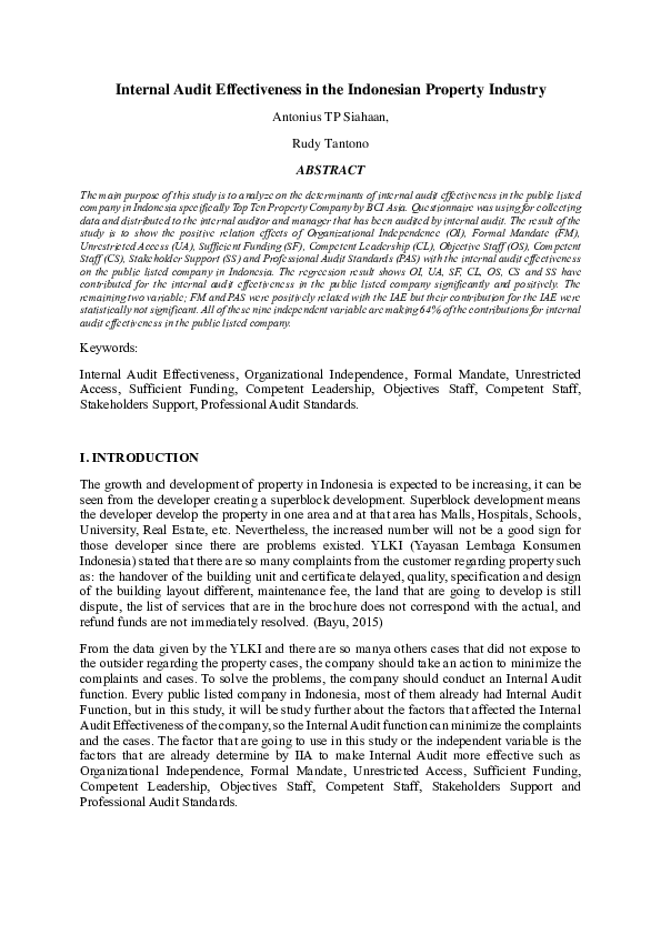 (PDF) Internal Audit Effectiveness in the Indonesia Property Industry | Dr. Antonius TP Siahaan ...