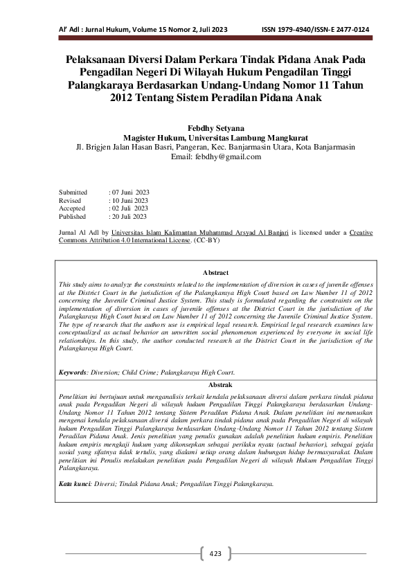 (PDF) Pelaksanaan Diversi Dalam Perkara Tindak Pidana Anak Pada Pengadilan Negeri DI Wilayah ...