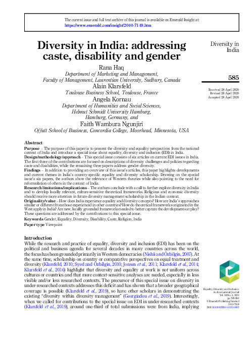(PDF) Diversity in India: addressing caste, disability and gender