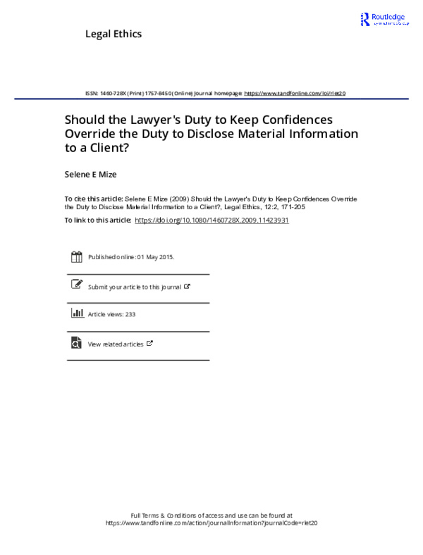 (PDF) Should the Lawyer's Duty to Keep Confidences Override the Duty to ...