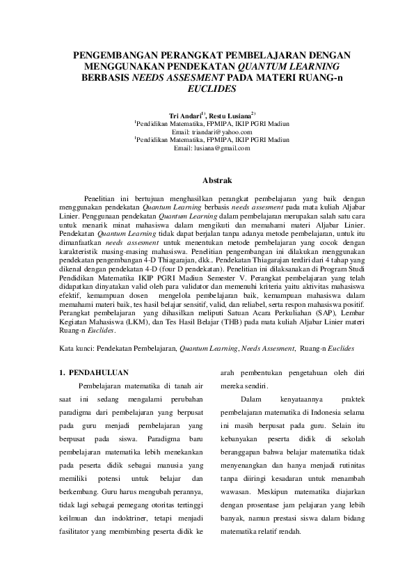 (PDF) PENGEMBANGAN PERANGKAT PEMBELAJARAN DENGAN MENGGUNAKAN PENDEKATAN QUANTUM LEARNING ...