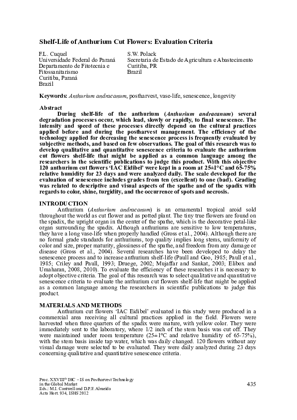 (PDF) Shelf-Life of Anthurium Cut Flowers: Evaluation Criteria