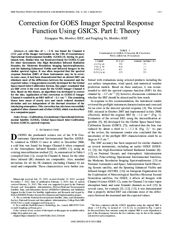 Pdf Correction For Goes Imager Spectral Response Function Using Gsics Part I Theory