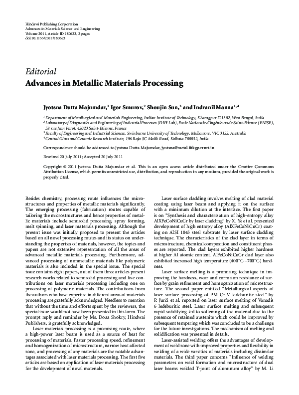 (PDF) Advances in Metallic Materials Processing