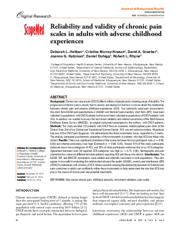 (PDF) Reliability and validity of chronic pain scales in adults with adverse childhood experiences