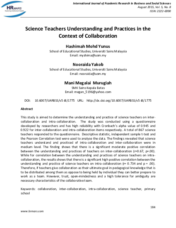 (PDF) Science Teachers Understanding and Practices in the Context of Collaboration