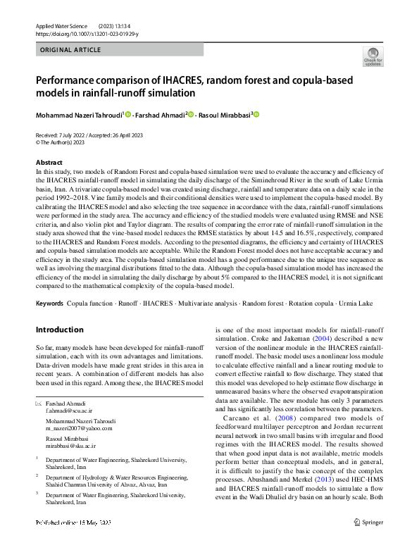 (PDF) Performance comparison of IHACRES, random forest and copula-based models in rainfall ...