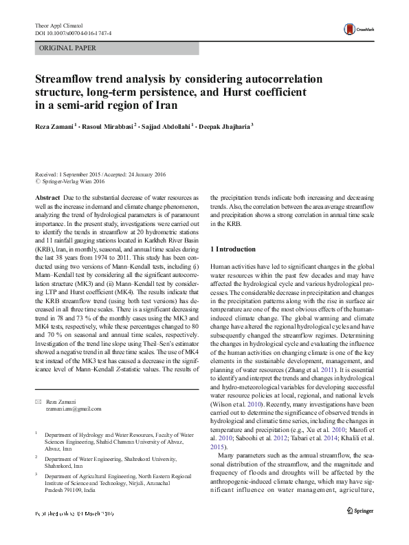 Pdf Streamflow Trend Analysis By Considering Autocorrelation Structure Long Term Persistence