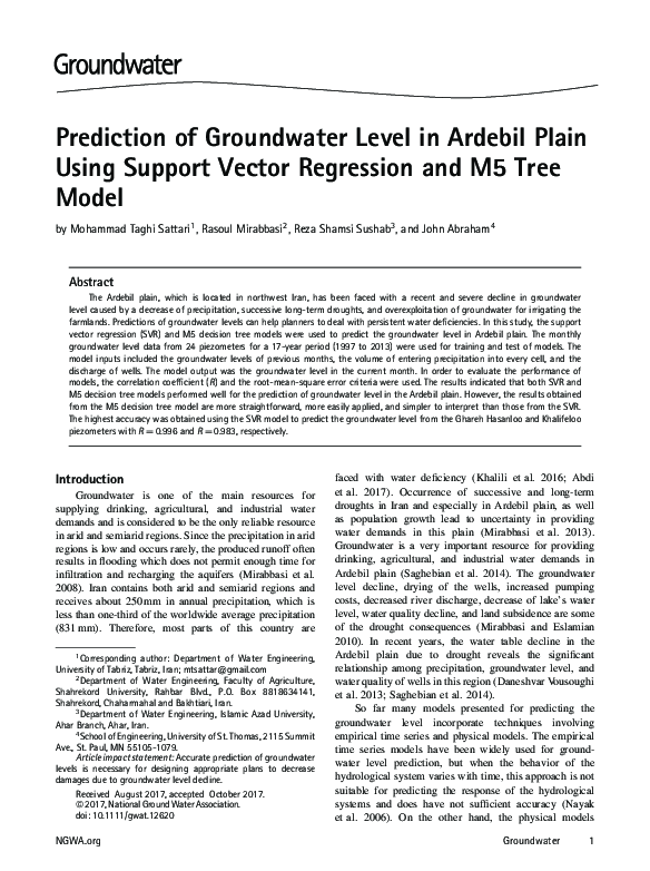 (PDF) Prediction of Groundwater Level in Ardebil Plain Using Support Vector Regression and M5 ...