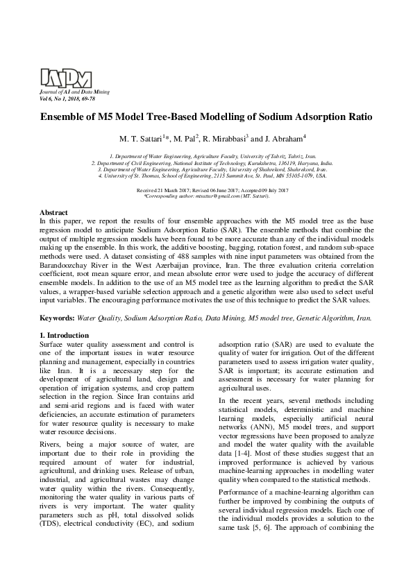 (PDF) Ensemble of M5 Model Tree Based Modelling of Sodium Adsorption Ratio