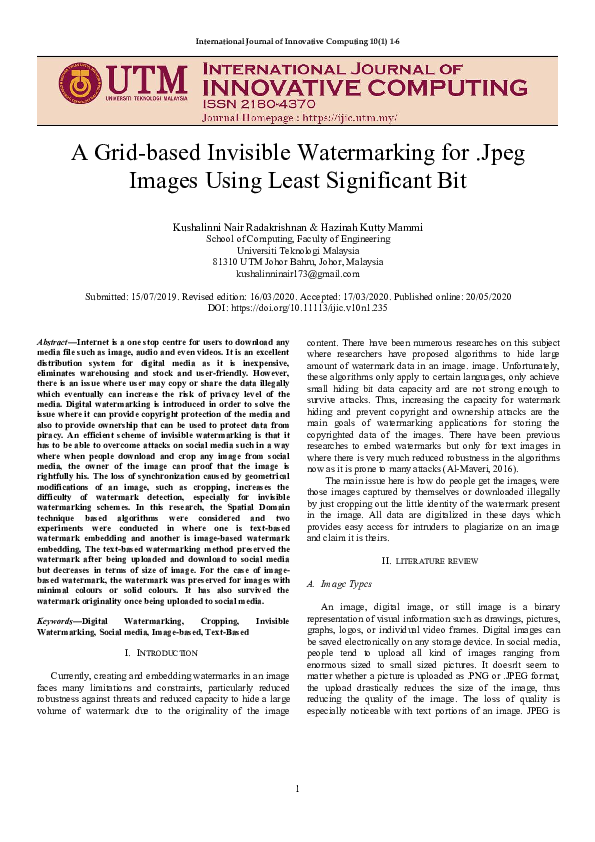 (PDF) A Grid-based Invisible Watermarking for .Jpeg Images Using Least Significant Bit