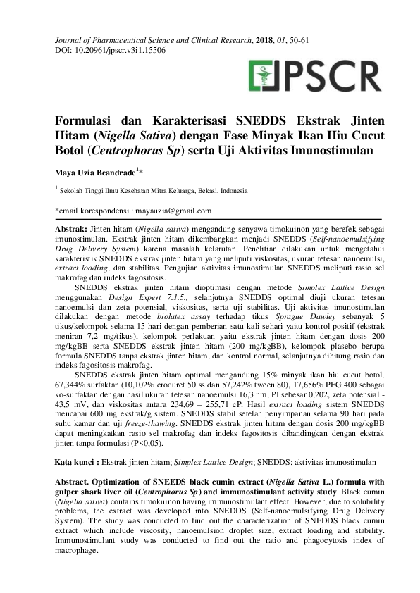(PDF) Formulasi dan Karakterisasi SNEDDS Ekstrak Jinten Hitam (Nigella ...