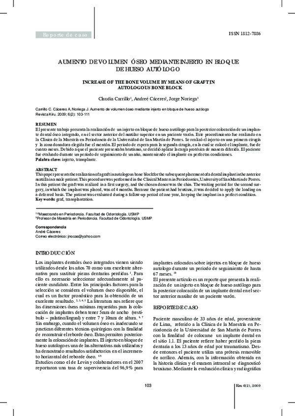 (PDF) Aumento De Volumen Óseo Mediante Injerto en Bloque De Hueso Autólogo