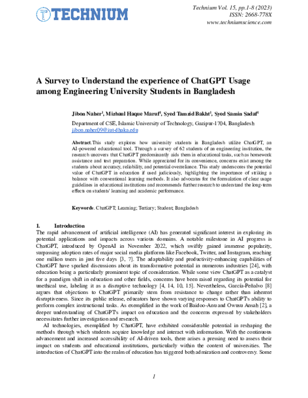 (PDF) A Survey to Understand the experience of ChatGPT Usage among Engineering University ...
