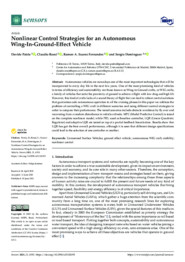 (PDF) Nonlinear Control Strategies for an Autonomous Wing-In-Ground ...