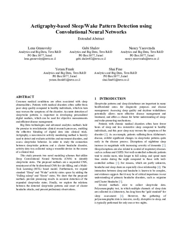 Pdf Actigraphy Based Sleepwake Pattern Detection Using Convolutional Neural Networks Nancy