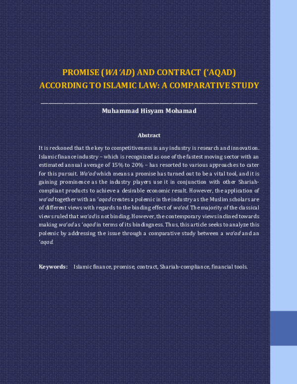(PDF) Promise (Wa'Ad) and Contract ('Aqad) According to Islamic Law: A ...