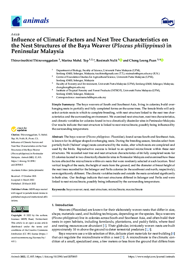 (PDF) Influence of Climatic Factors and Nest Tree Characteristics on the Nest Structures of the ...