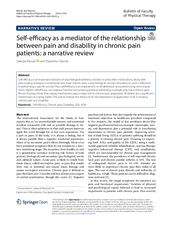 (PDF) Self-efficacy as a mediator of the relationship between pain and ...