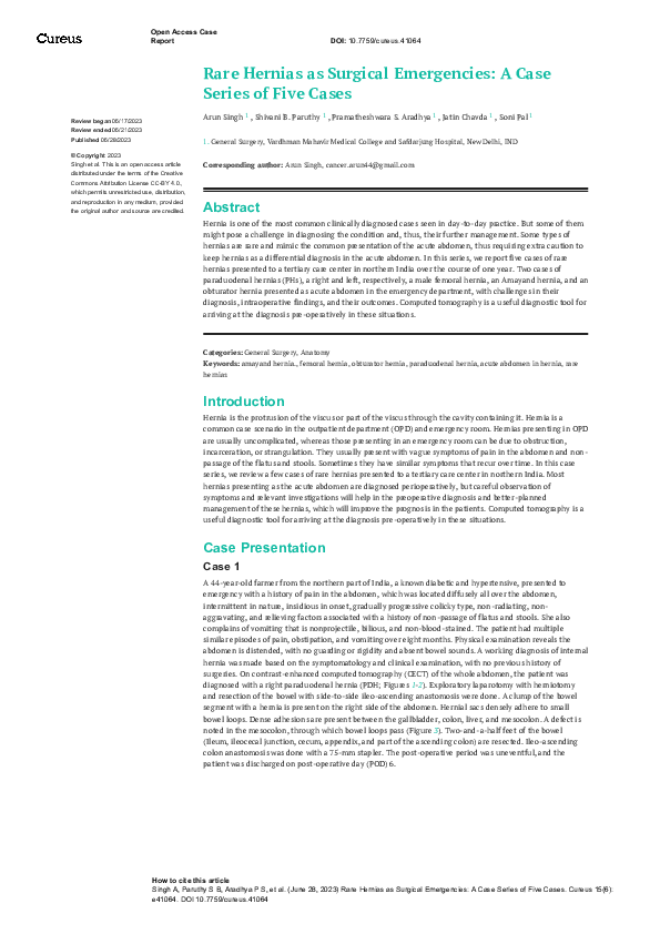 (PDF) Rare Hernias as Surgical Emergencies: A Case Series of Five Cases