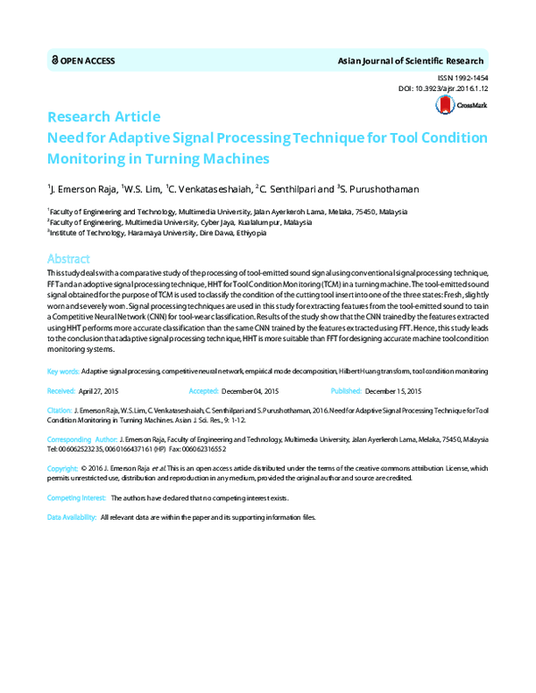 (PDF) Adaptive Signal Processing for Tool Monitoring