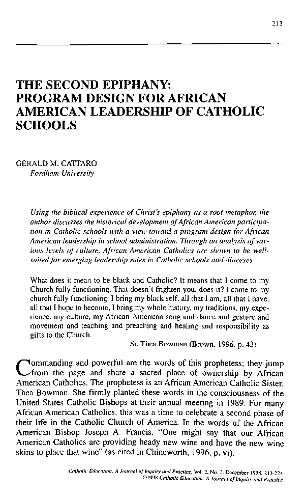 (PDF) The Second Epiphany: Program Design for African American Leadership of Catholic Schools
