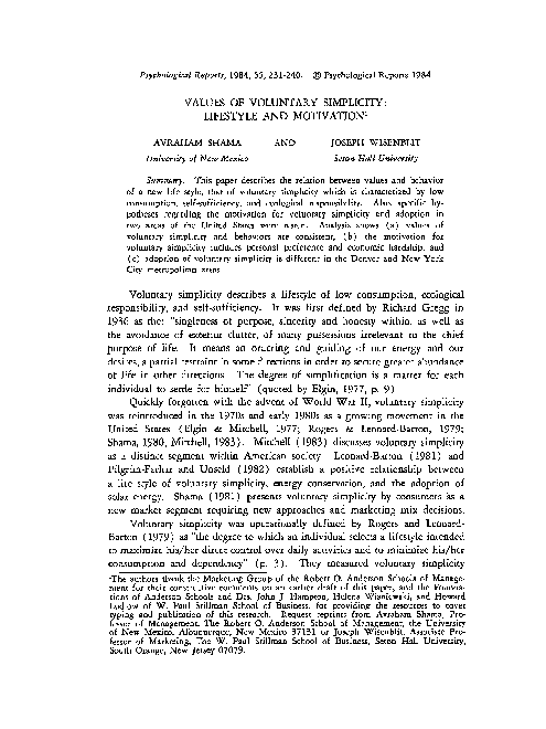 (PDF) Values of Voluntary Simplicity: Lifestyle and Motivation