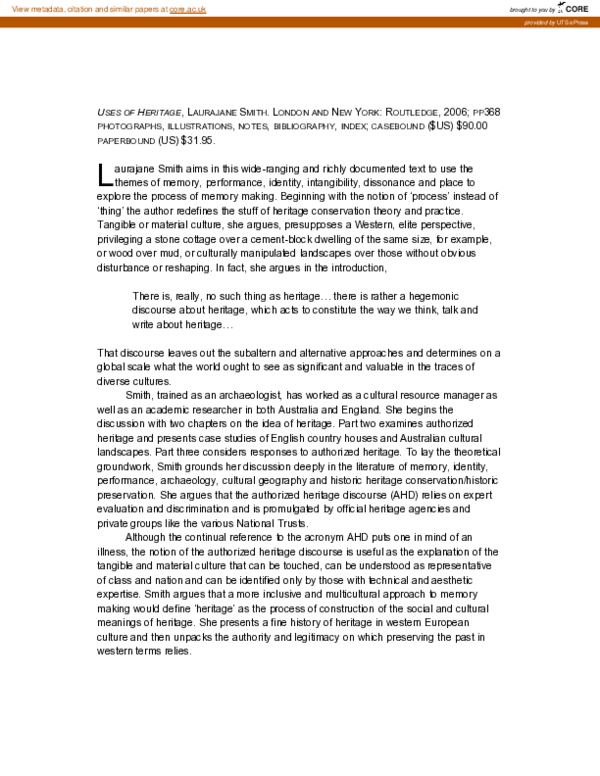 (PDF) Uses of Heritage by Laurajane Smith