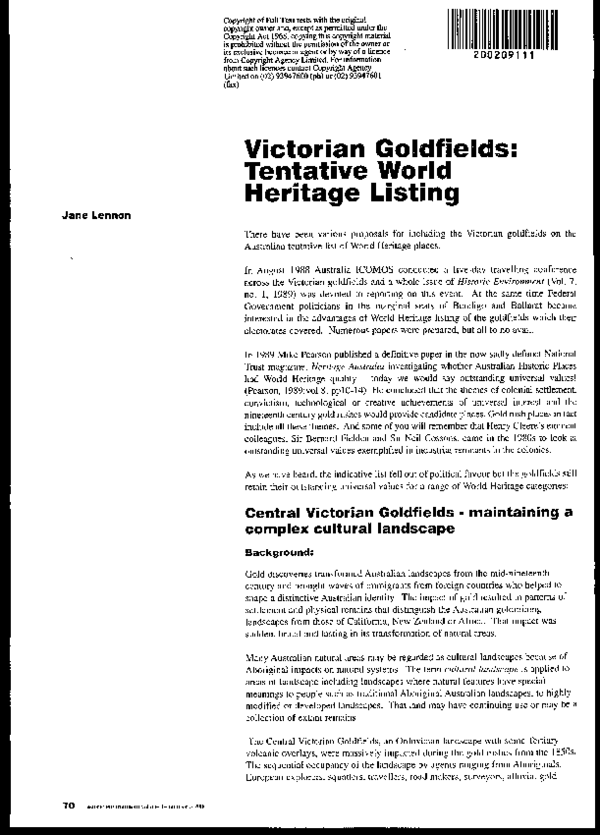 (PDF) Victorian goldfields: Tentative World Heritage listing
