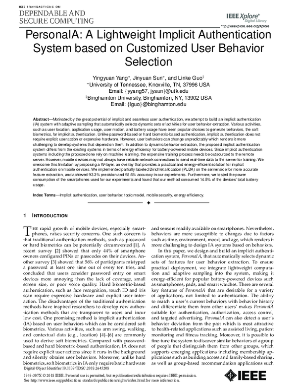 Pdf Personaia A Lightweight Implicit Authentication System Based On Customized User Behavior