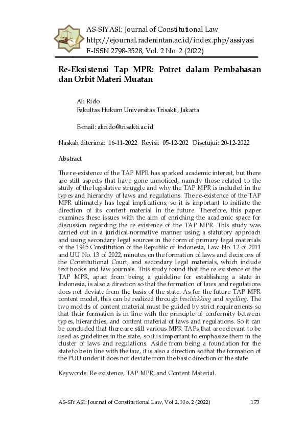 (PDF) Re-Eksistensi Tap MPR: Potret dalam Pembahasan dan Orbit Materi Muatan