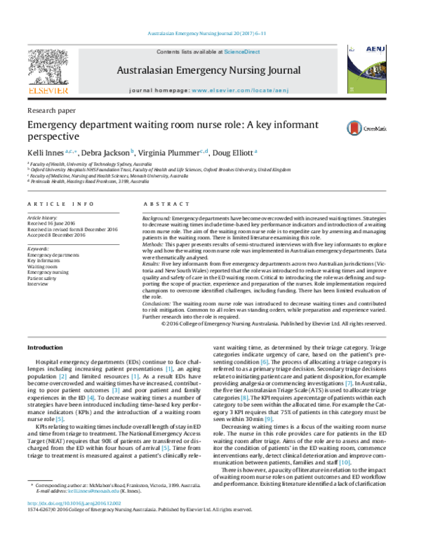 Emergency department waiting room nurse role: A key informant perspective