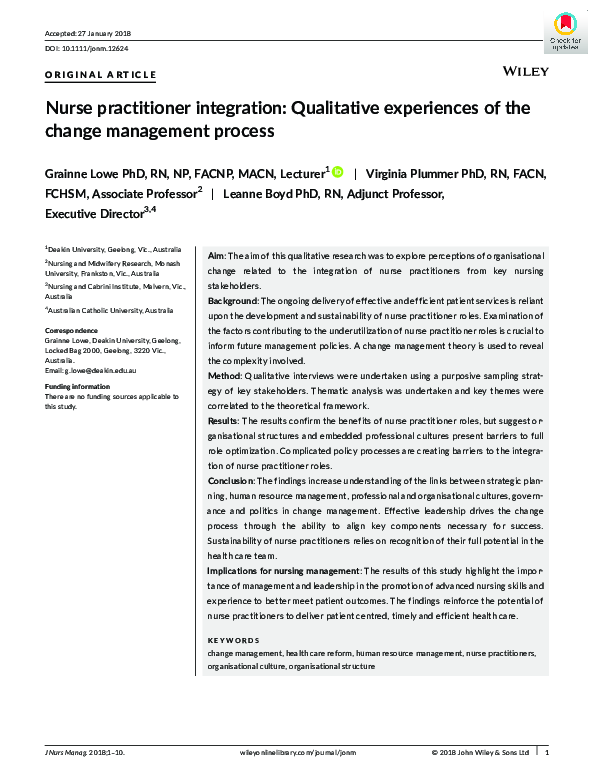 (PDF) Nurse practitioner integration: Qualitative experiences of the change management process