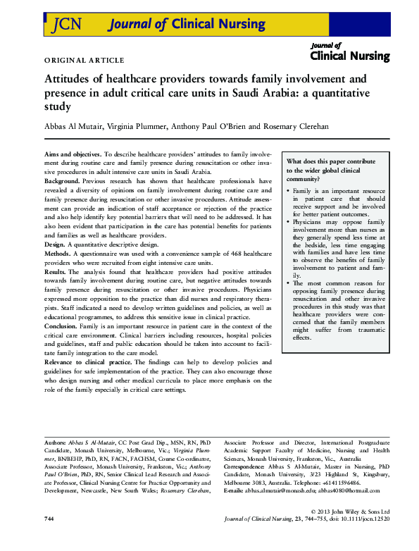 (PDF) Attitudes of Healthcare Providers towards Family Presence During Resuscitation or Other ...