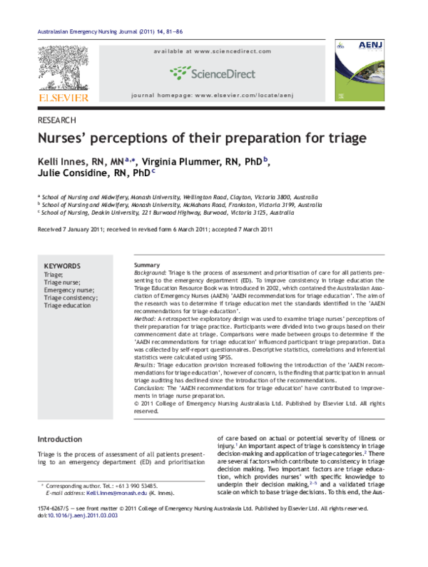 (PDF) Nurses’ perceptions of their preparation for triage | Virginia ...