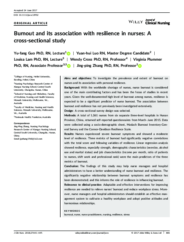 (PDF) Burnout and its association with resilience in nurses: A cross-sectional study