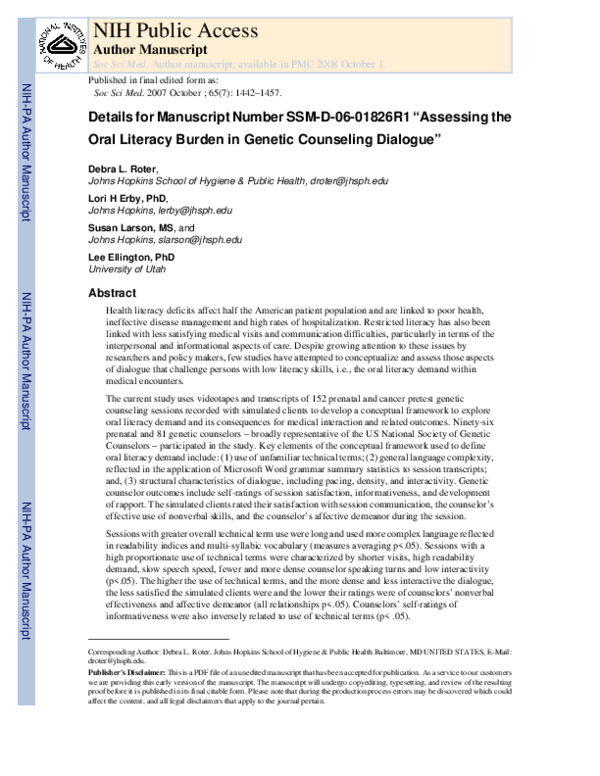 (PDF) Assessing oral literacy demand in genetic counseling dialogue ...
